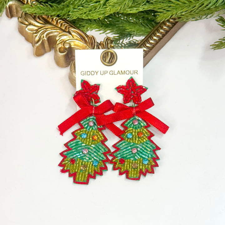 Merry Moments Bow Earrings | Beaded Holiday Tree Earrings | Giddy Up ...