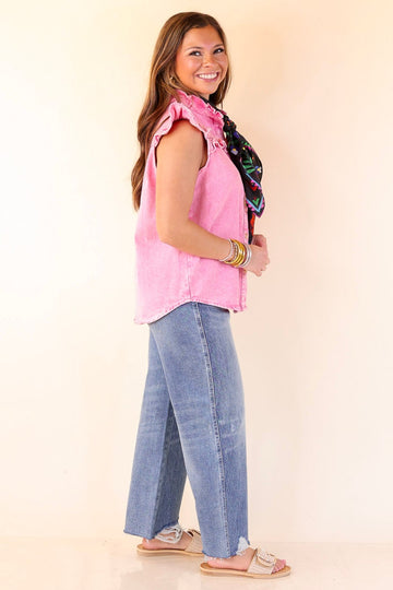Denim Button Up Top in Hot Pink – Giddy Up Glamour Boutique