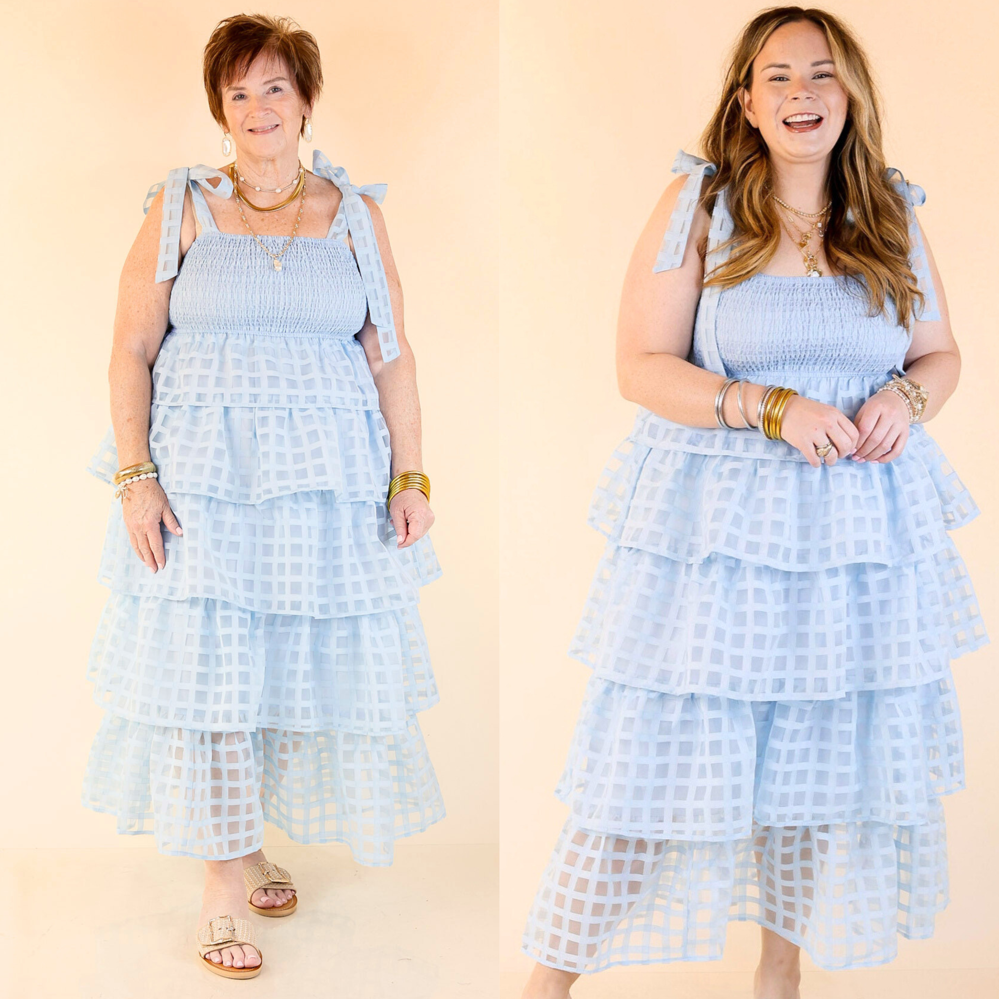 Tiered Smocked Sundress With Checkered Fabric in Light Blue – Giddy Up ...