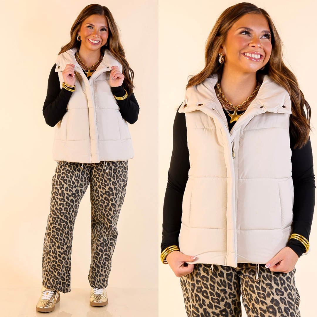 Evergreen Escape High Neck Puffer Vest in Cream – Giddy Up Glamour Boutique