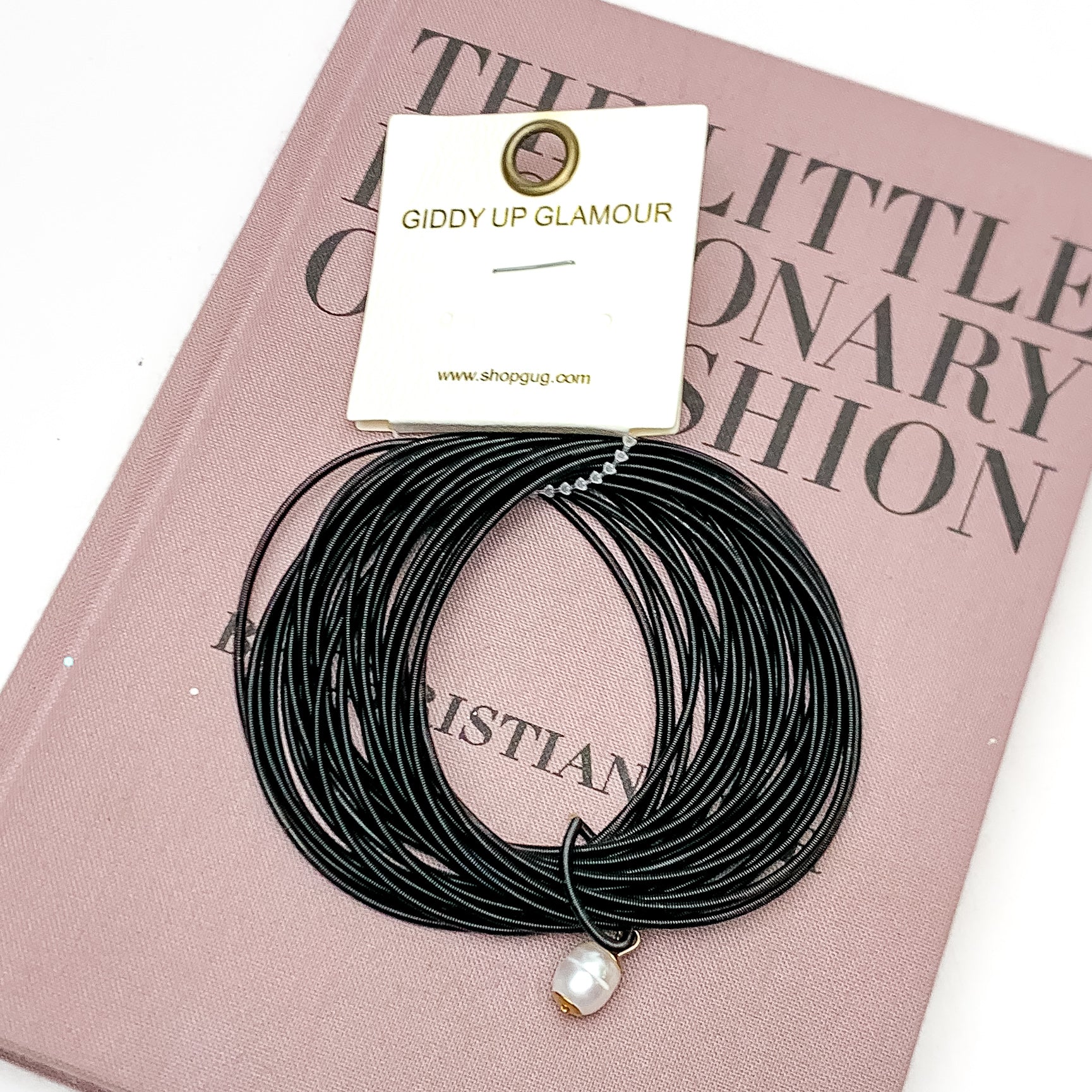 Spring Wire Elastic Bracelet Set in Black with a Pearl Charm