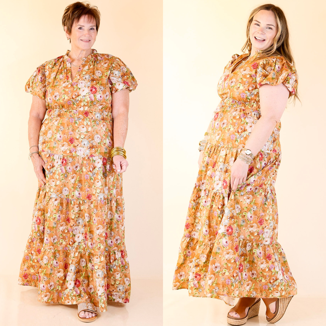 Table for Two Tiered Maxi Dress with Puff Sleeves in Brown Floral ...