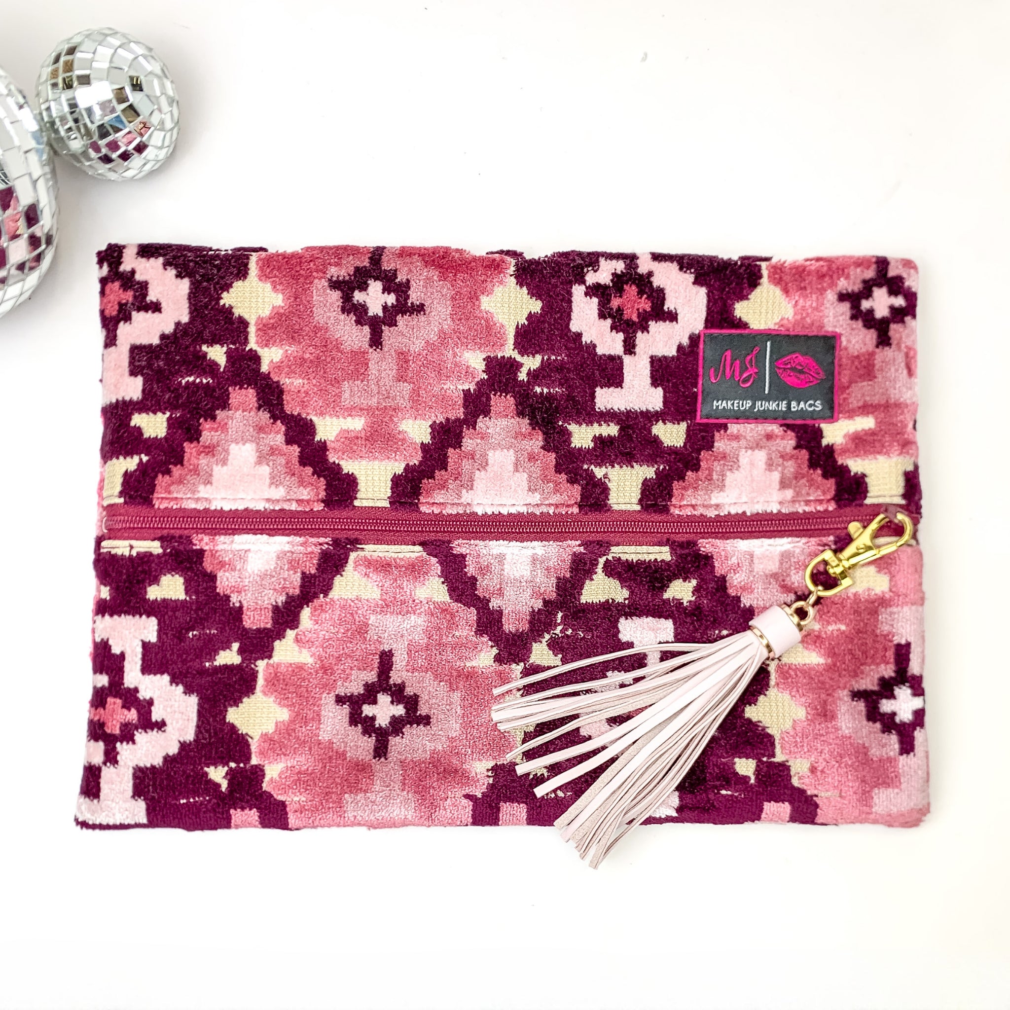 Makeup Junkie | Medium Maroon Aztec Lay Flat Bag in Maroon and Pink Mi