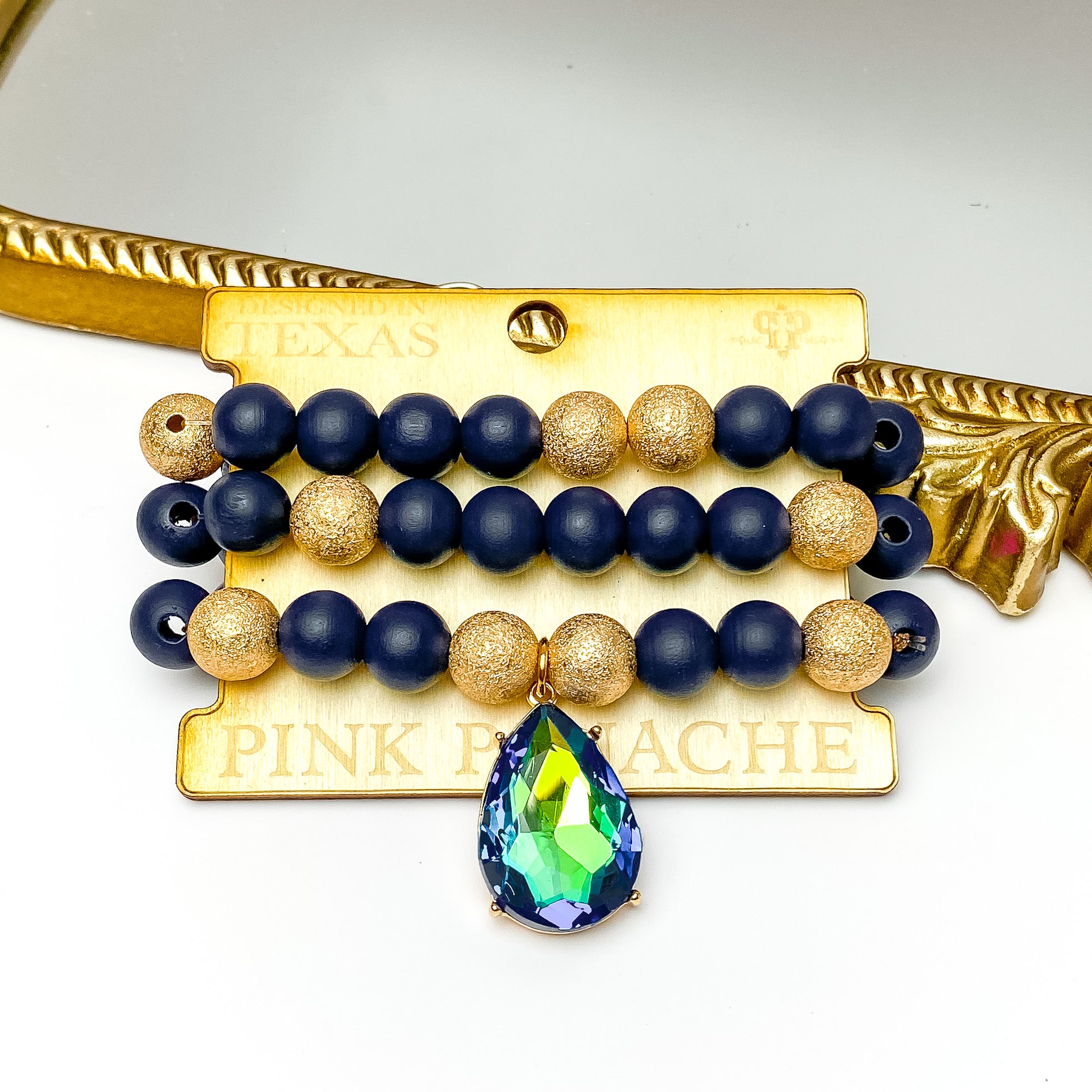 Pink Panache | Navy and Gold Tone Beaded Bracelet Set with Large Black