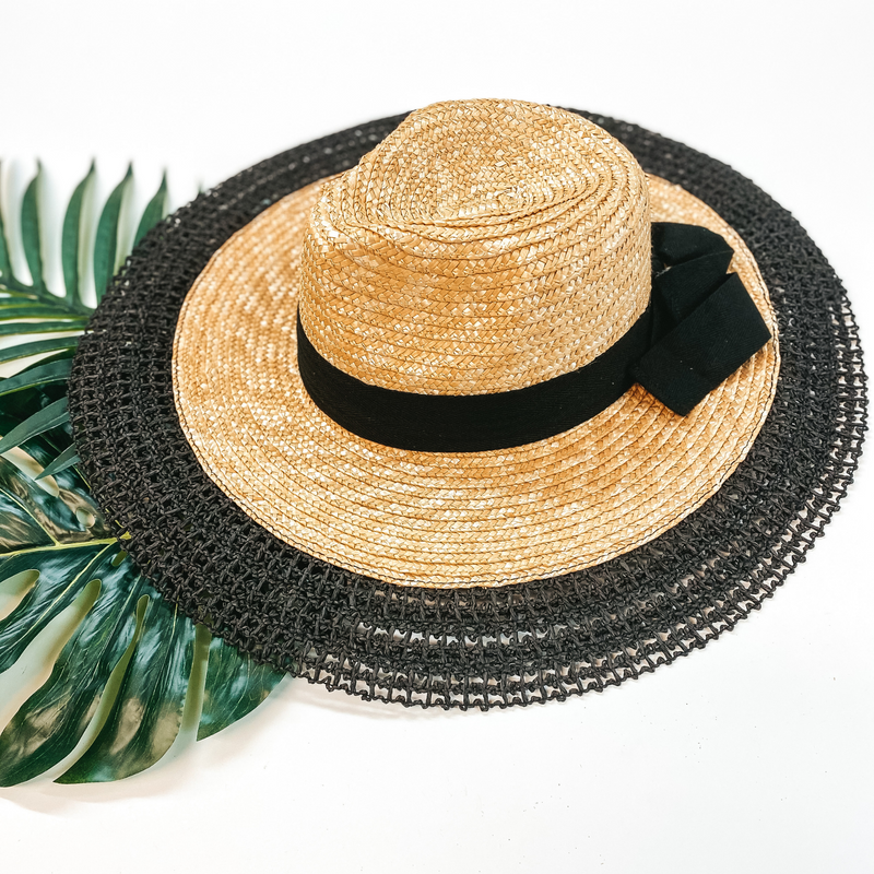 Sun Daze Wide Brim Hat with Black Band and Bow in Natural Tan and Blac