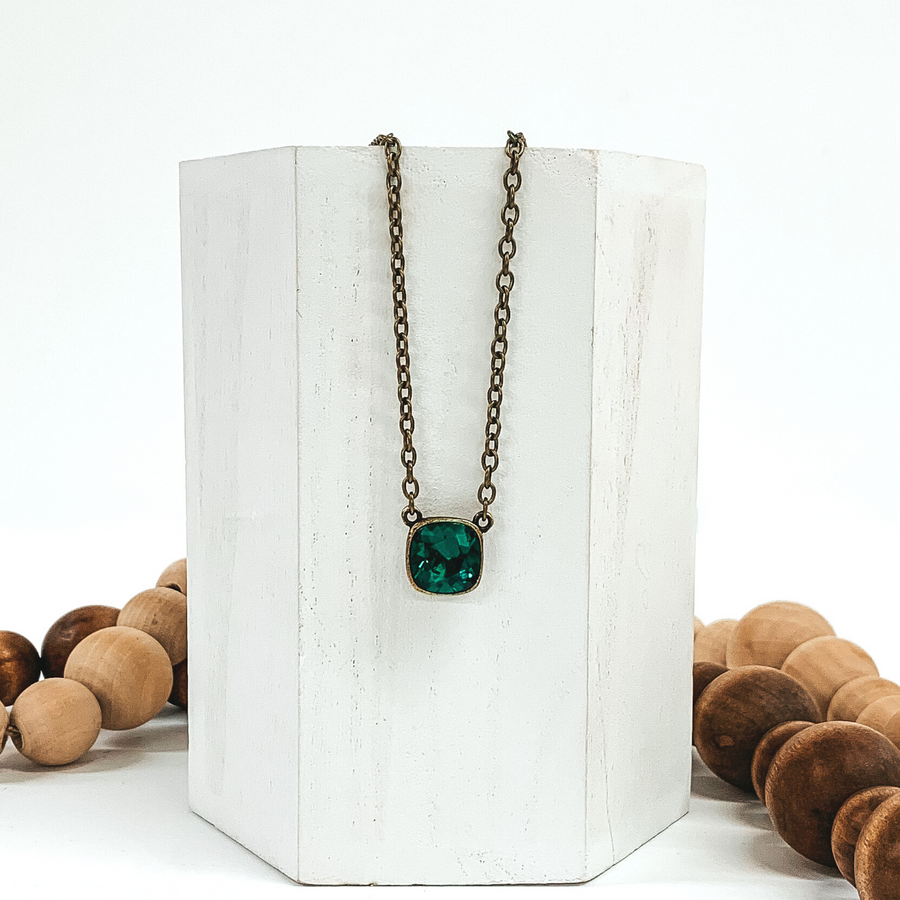 Pink Panache | Bronze Chain Necklace with Cushion Cut Crystal in Emera ...